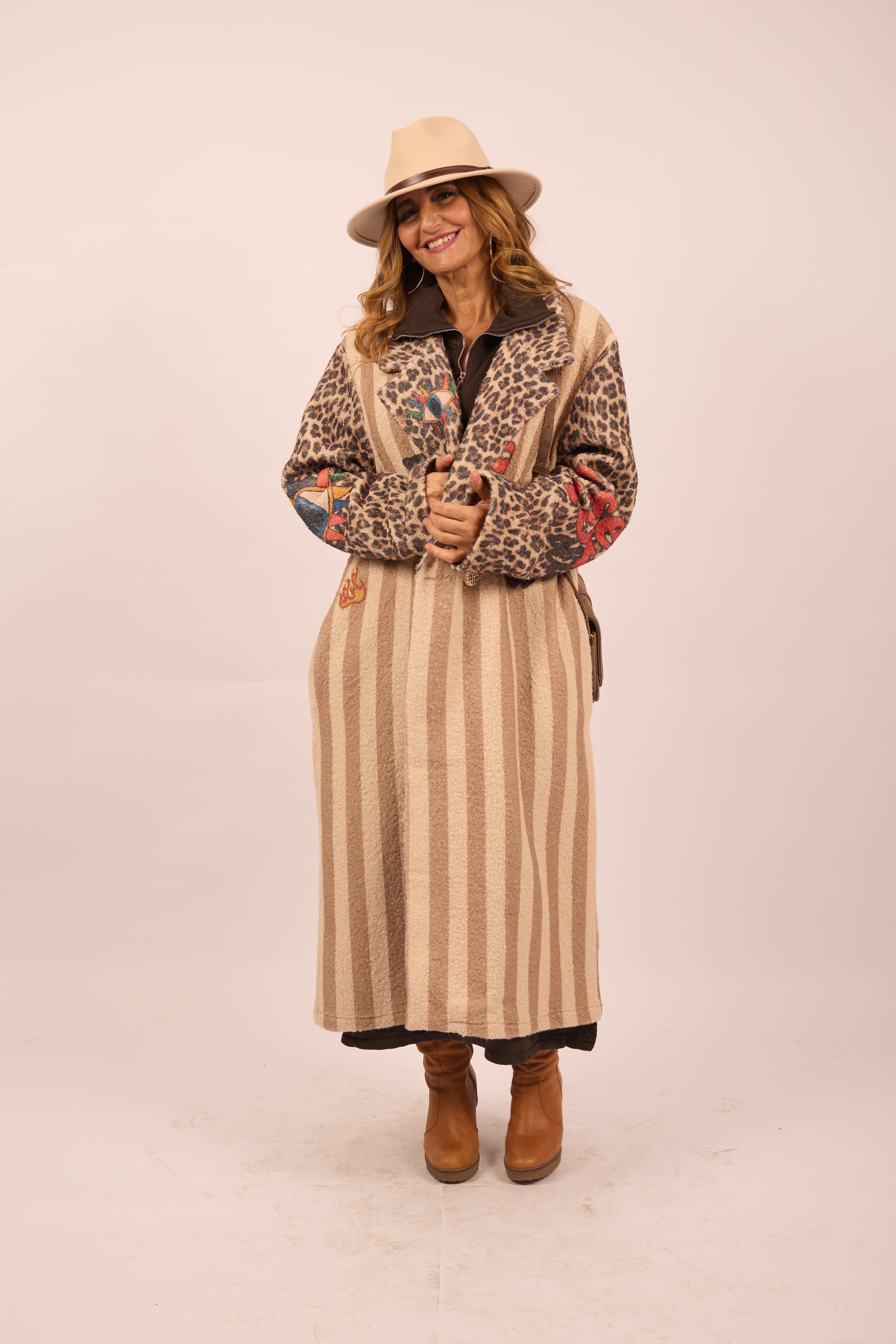 Abi Striped & Leopard Long Coat – SAND PARIS